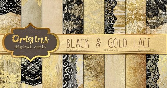 Black and Gold Lace Digital Paper, rustic digital paper, black lace ...