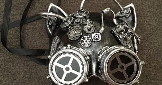 Cat Masquerade Ball Mask Steampunk Gear Metallic Black Gold Silver Cat ...