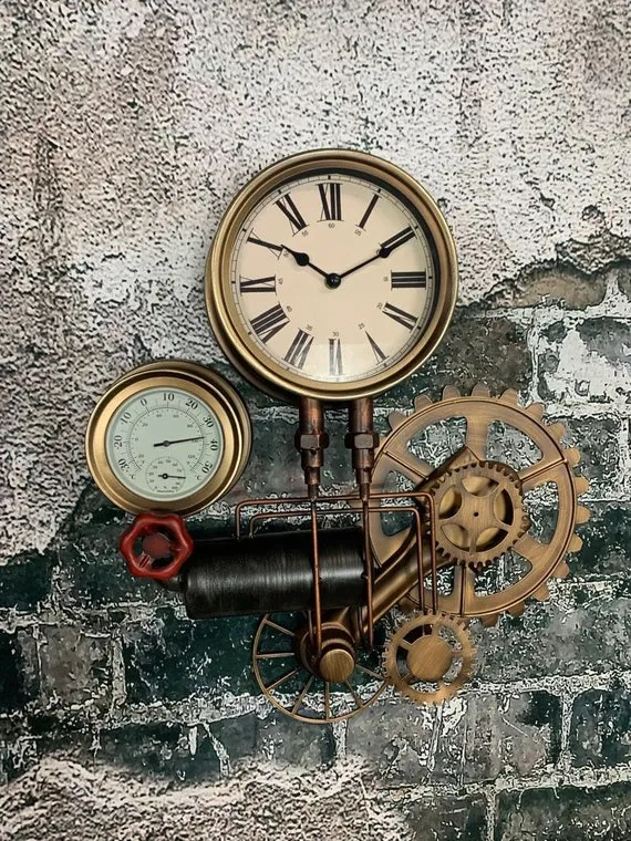 Industrial Wall Clock Steampunk Cog Metal Large Waterworks Pipe Clock ...